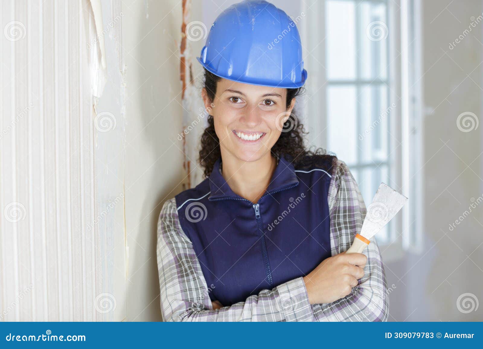 Happy Woman Construction Worker after Removing Wallpaper Stock Image ...