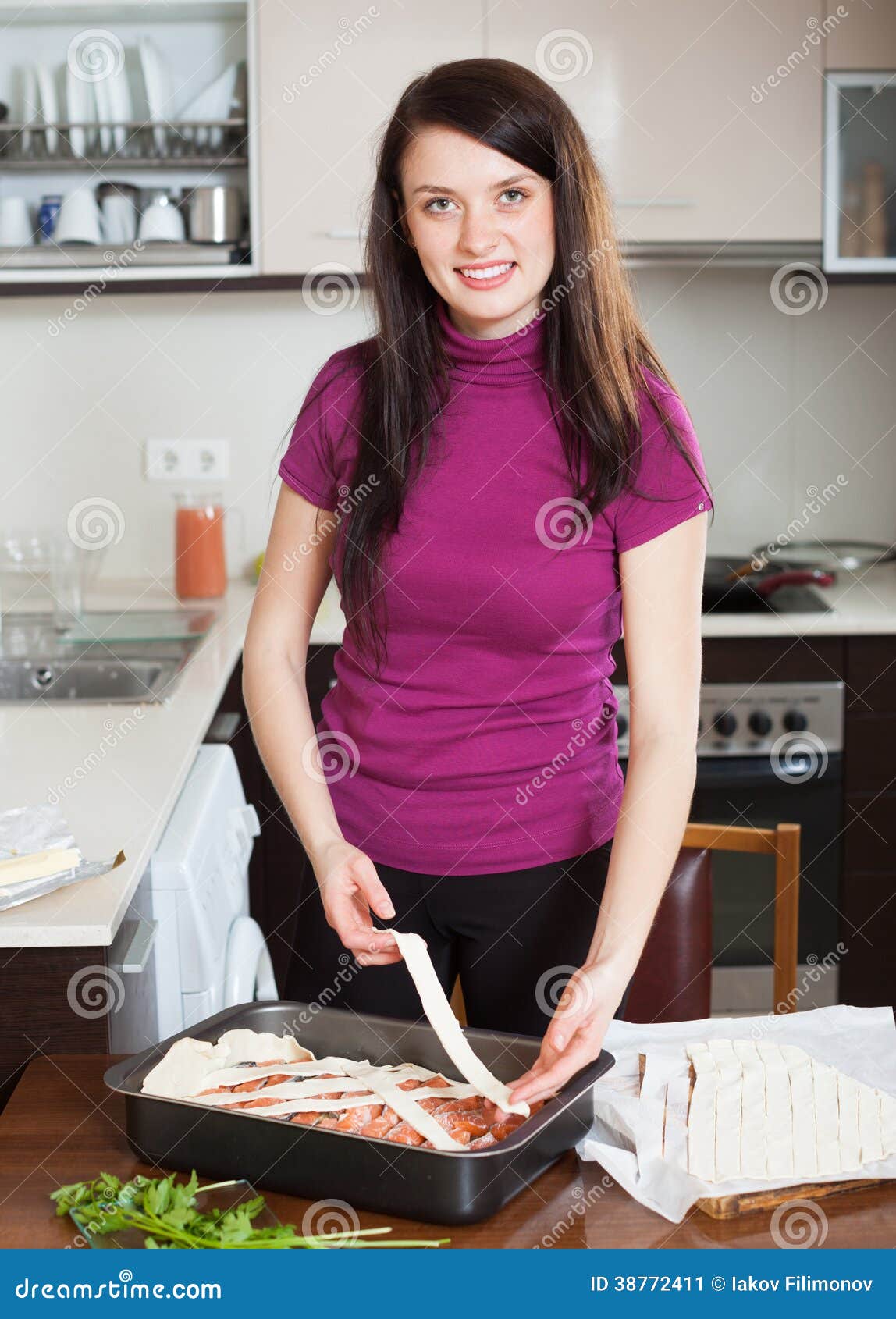 Happy Woman Cooking Fish Pie Stock Image - Image of kitchen, woman ...