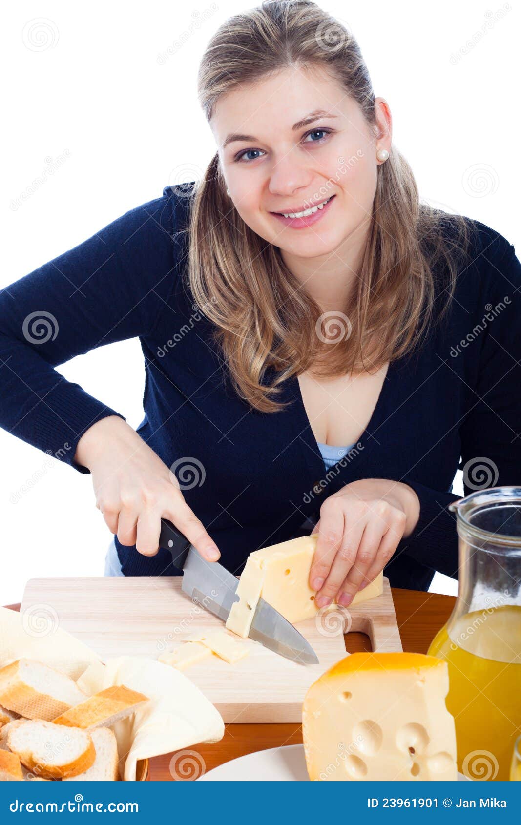 Happy woman cutting cheese stock image. Image of caucasian - 23961901