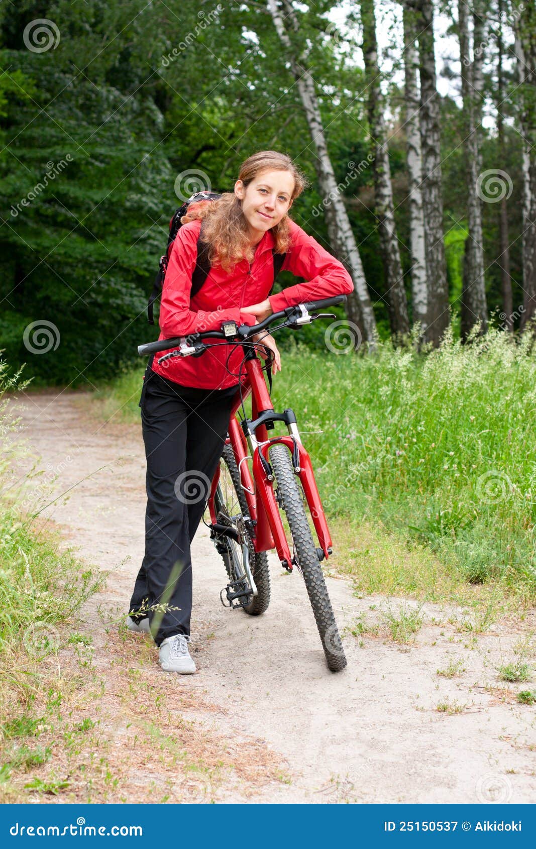 Happy Woman Cyclist on a Bicycle Walk Stock Image - Image of active ...