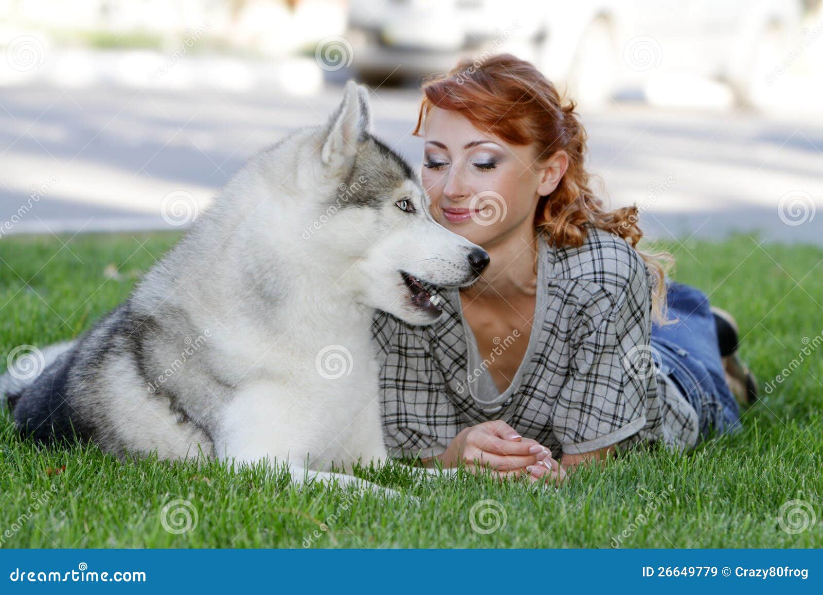 Happy Woman with Dog Haski Outdoors Stock Image - Image of adult, hold ...
