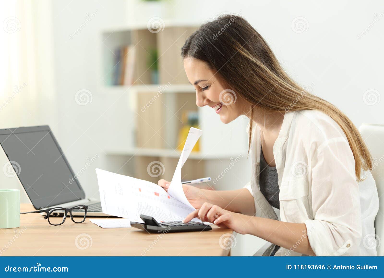 Happy Woman Doing Accounting at Home Stock Photo - Image of bill ...