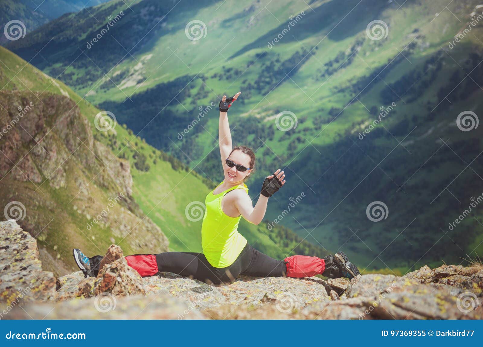 Happy Woman Doing Exercise on the Top of Mountain Stock Image - Image ...
