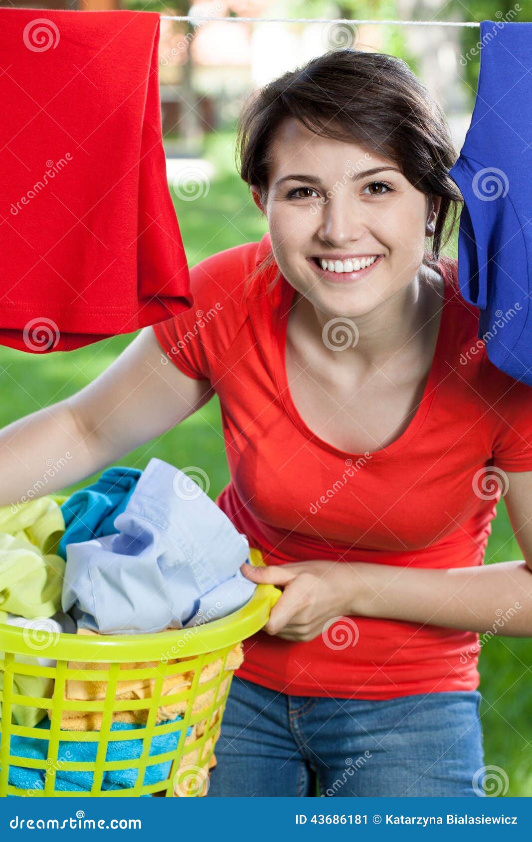 Happy Woman Doing Housework Outside Stock Image - Image of equipment ...