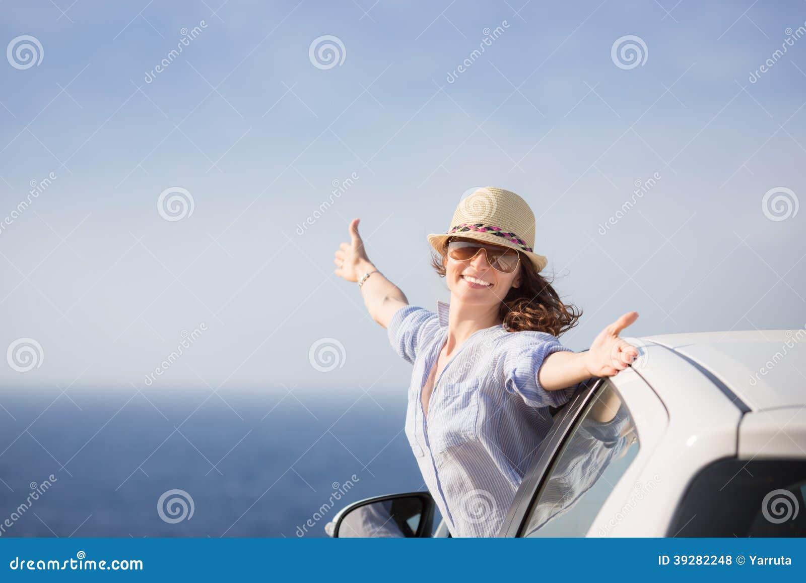 Happy Woman Driver at the Beach Stock Photo - Image of driving ...