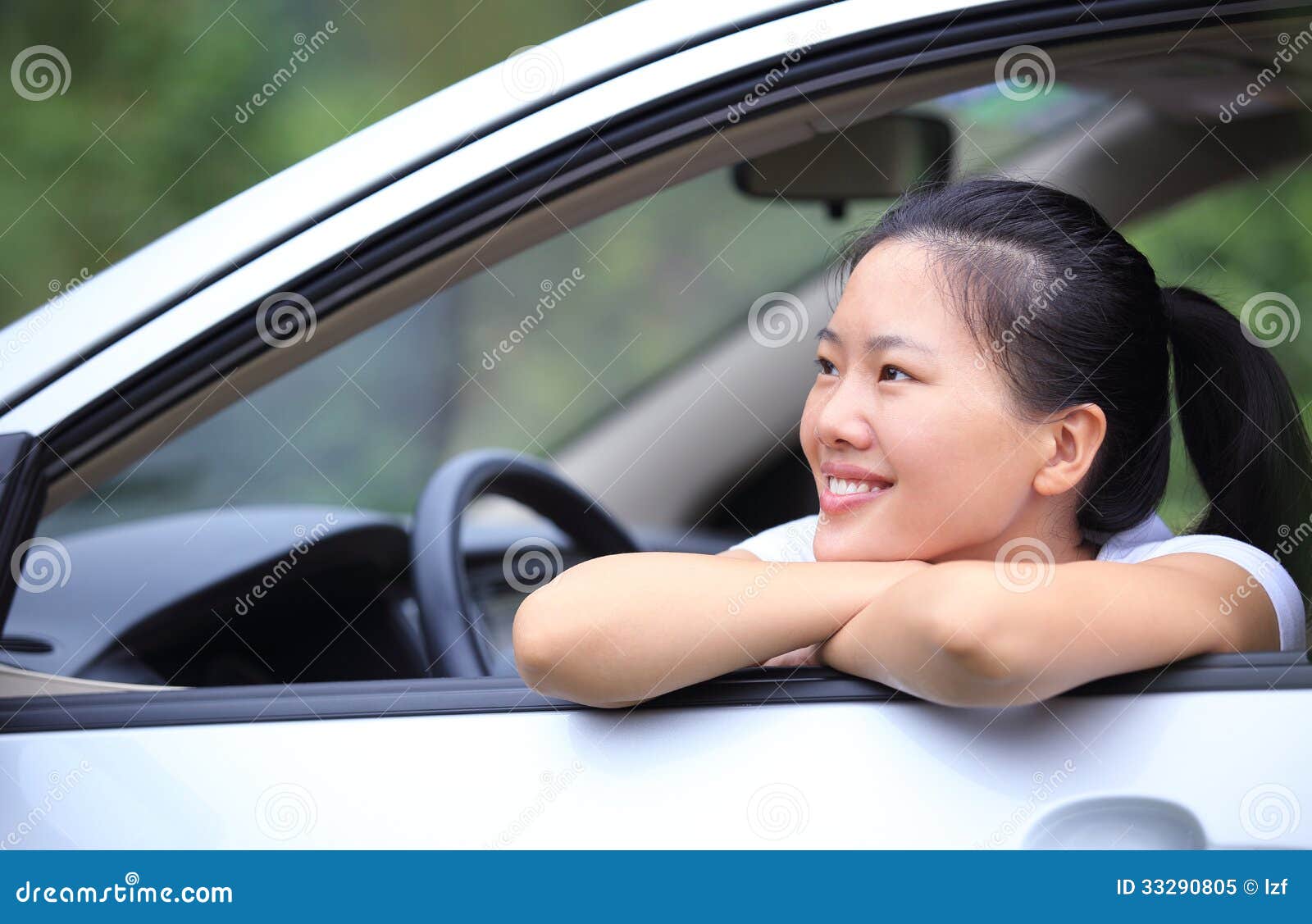 Happy woman driver in car stock image. Image of long - 33290805