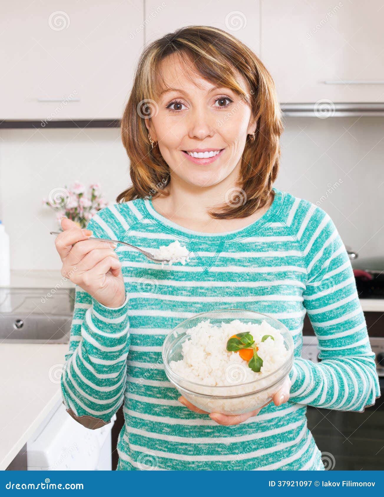 Happy Woman Eating Boiled Rice Stock Image - Image of porridge ...