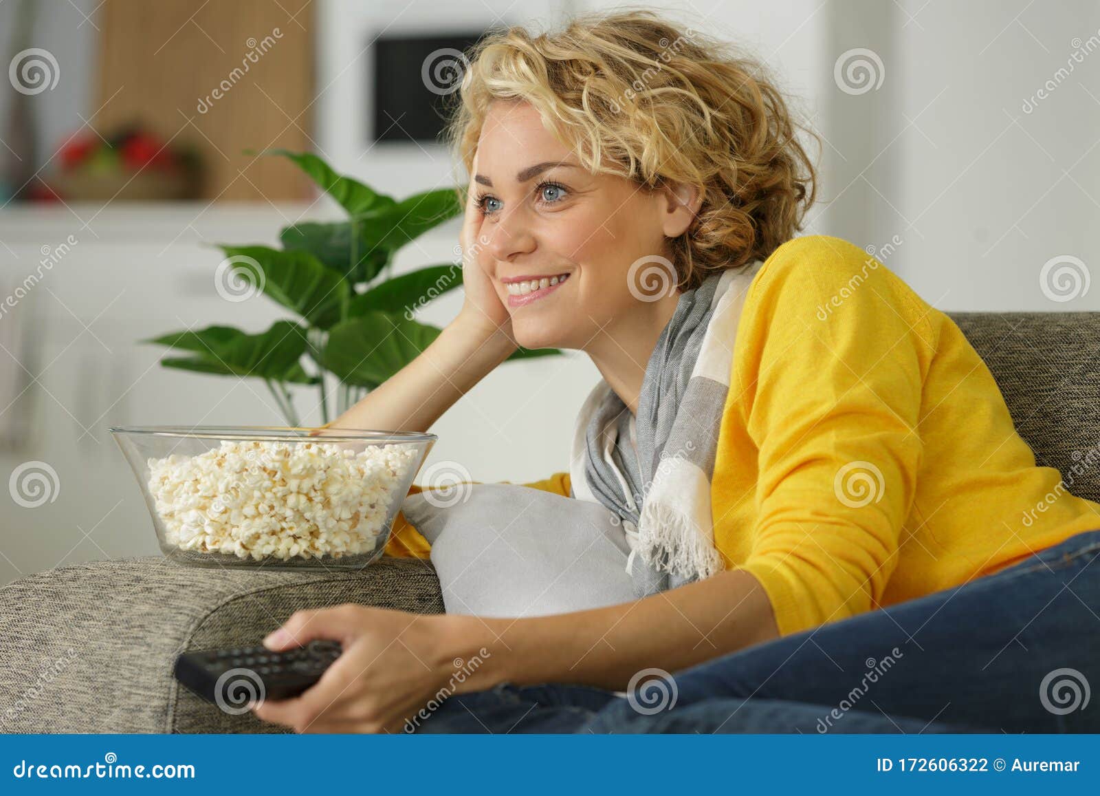 Happy Woman Eating Popcorn at Home Stock Photo - Image of beautiful ...