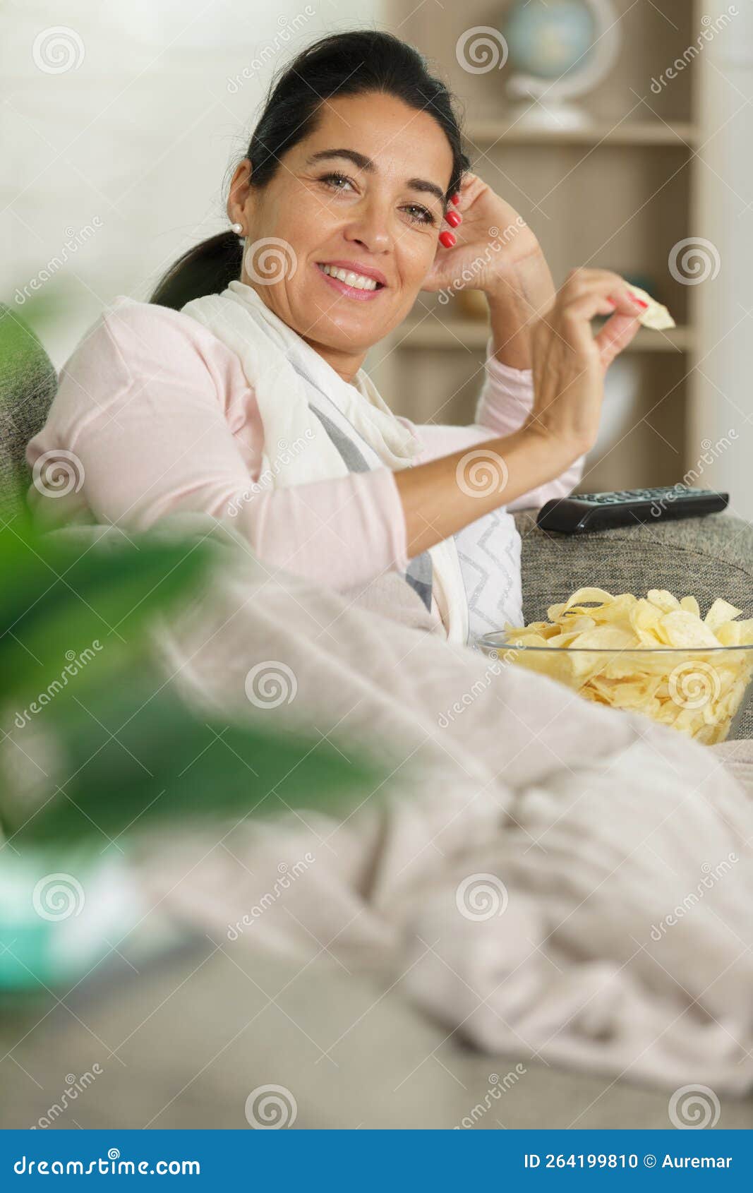 Happy Woman Eating Potato Chips Bowl Stock Photo - Image of woman ...