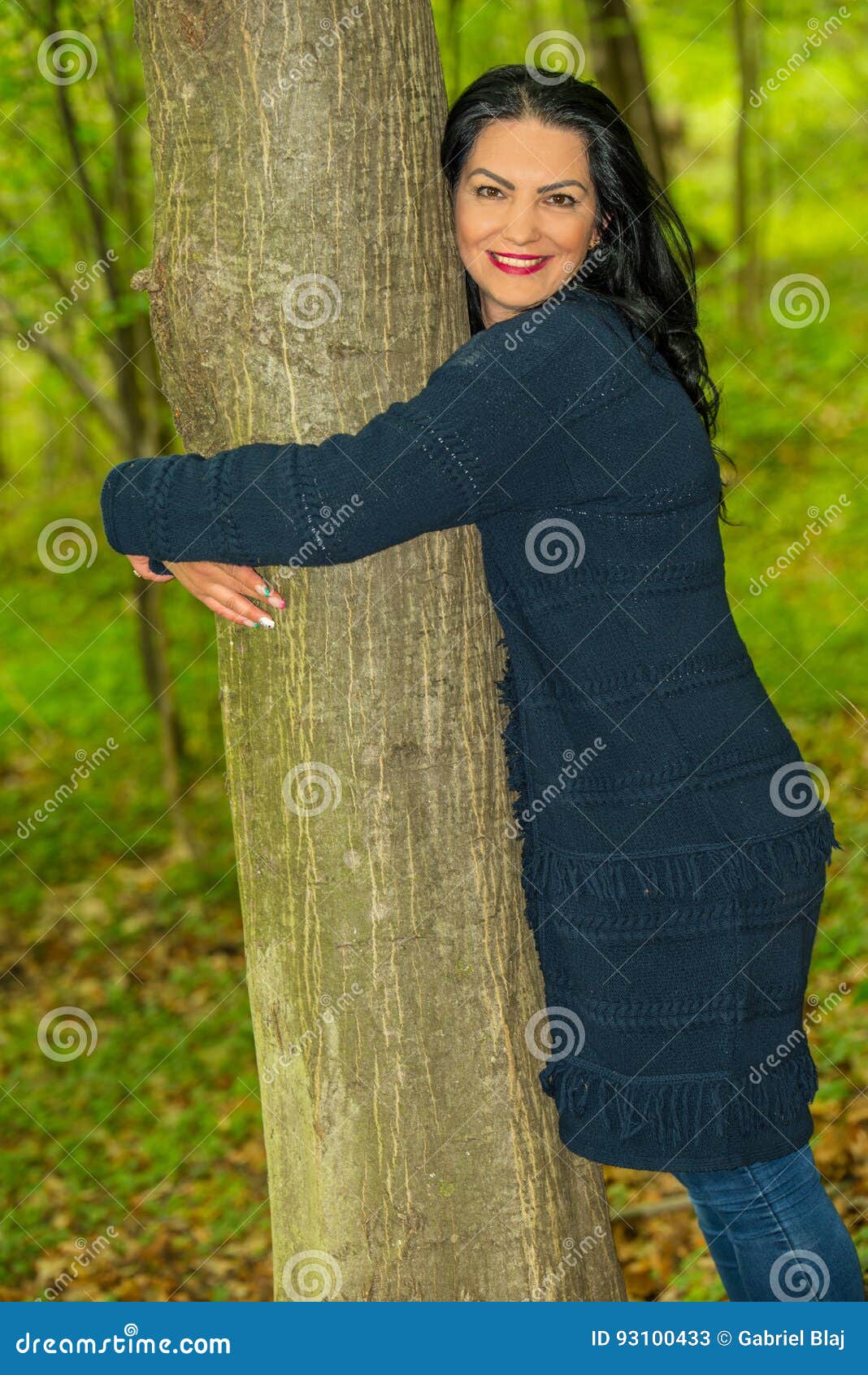Happy woman embrace tree stock image. Image of female - 93100433
