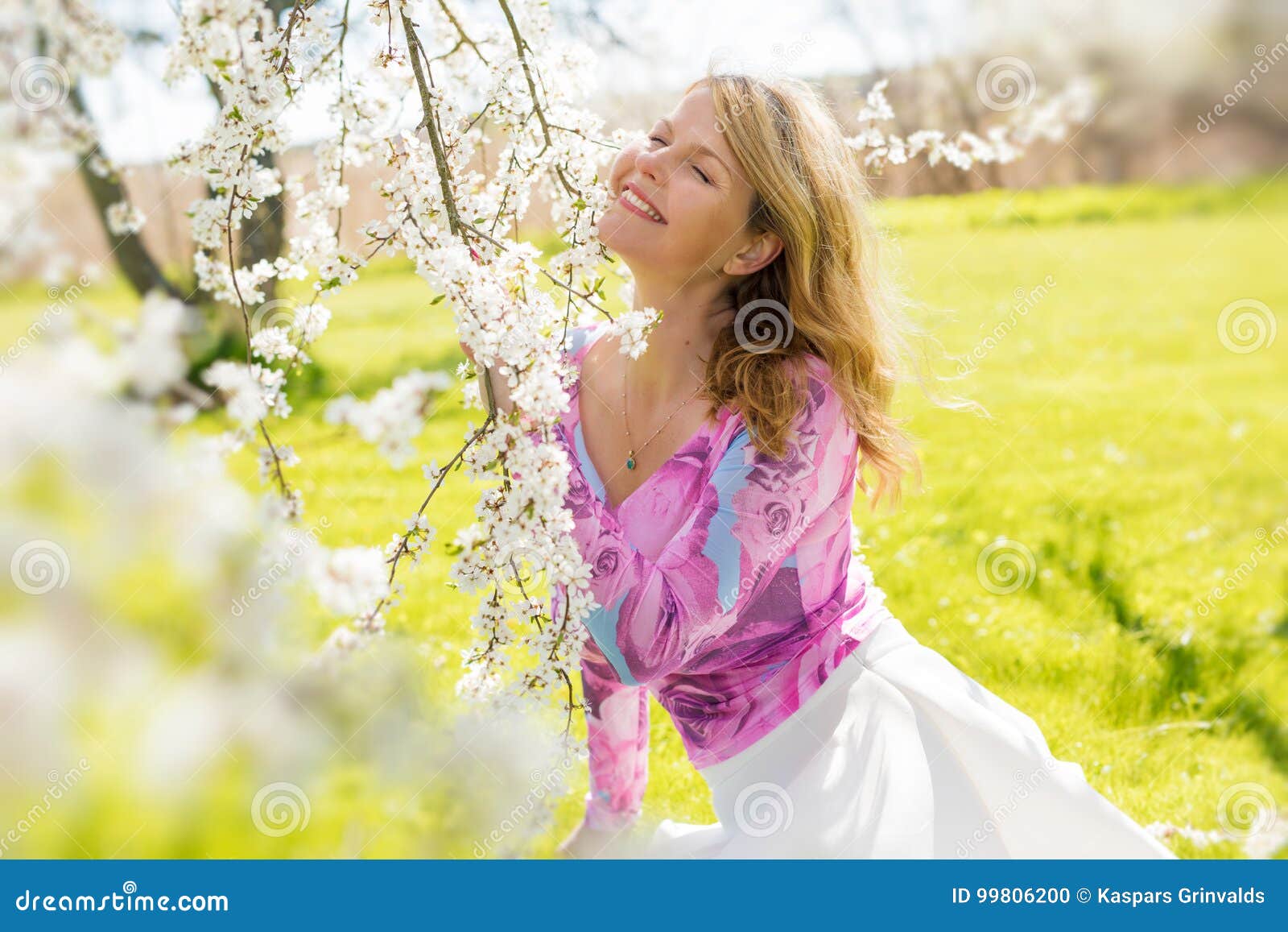 Happy Woman Enjoying Spring Stock Photo - Image of floral, peace: 99806200