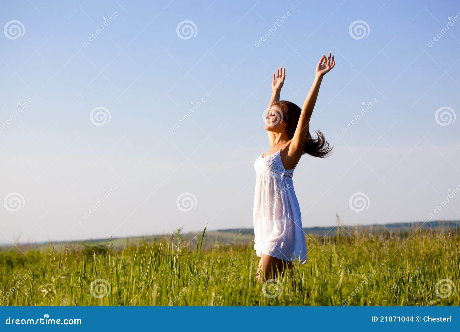 Happy woman on field stock photo. Image of healthy, open - 21071044