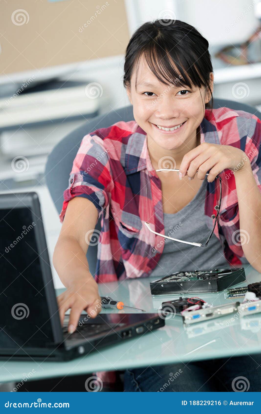 Happy woman fixing pc stock photo. Image of electronic - 188229216
