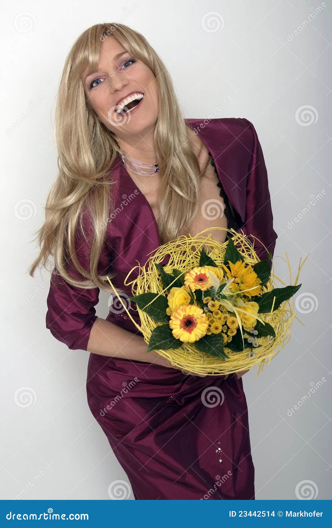 Happy Woman with Flower Bouquet Stock Photo - Image of woman, purple ...