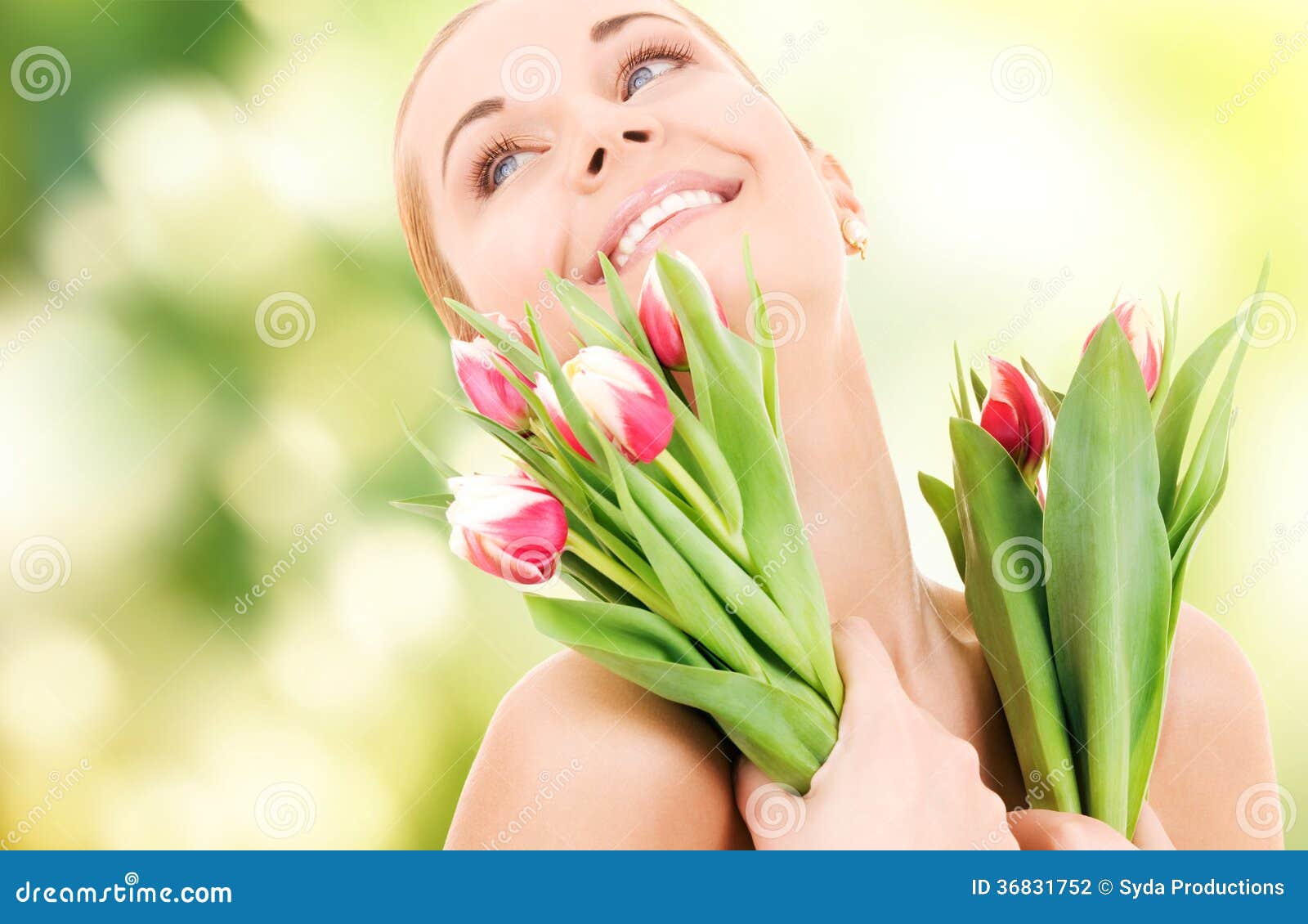 Happy woman with flowers stock photo. Image of makeup - 36831752
