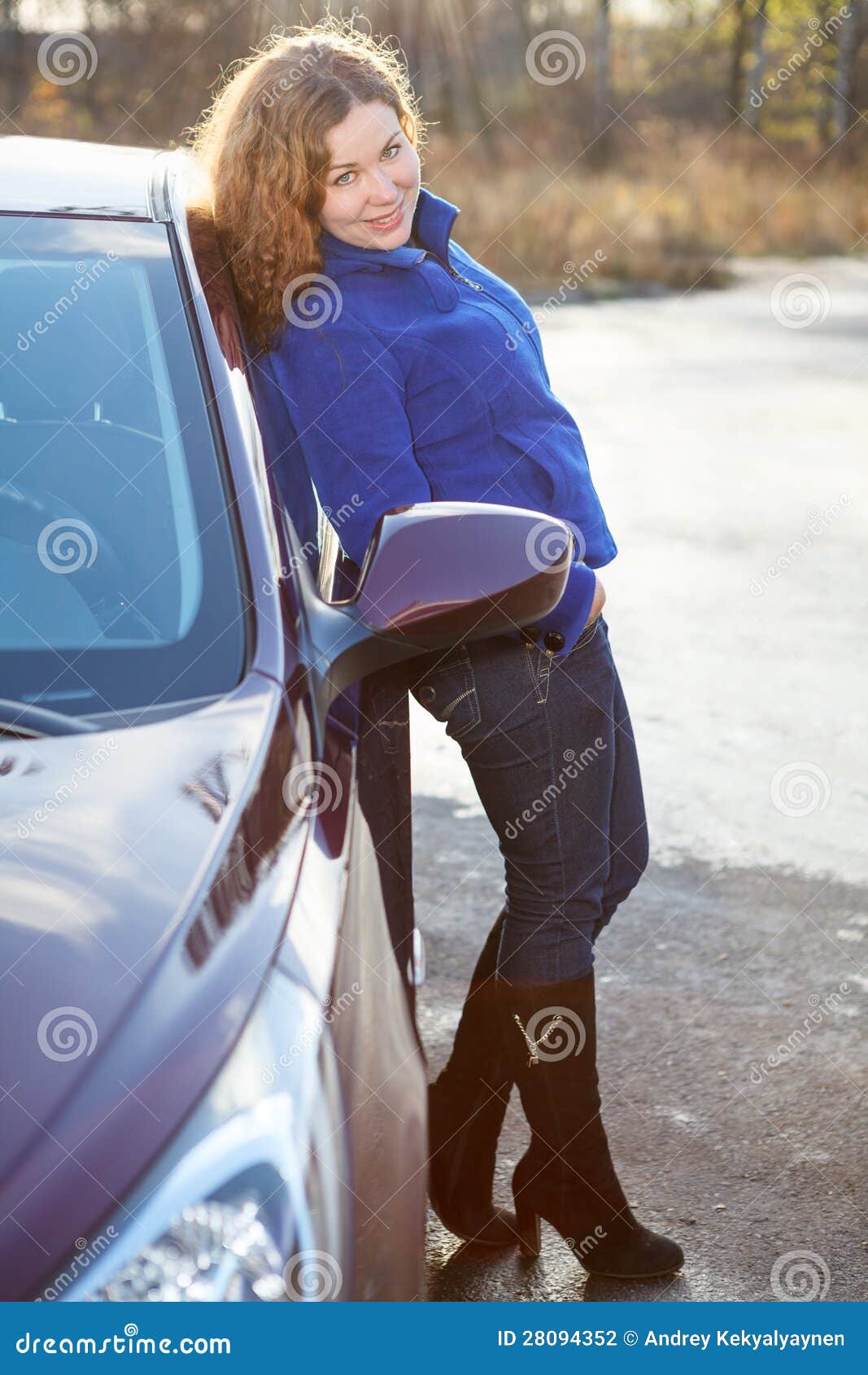 Happy Woman in Full Length Leaned Against Car Stock Photo - Image of ...