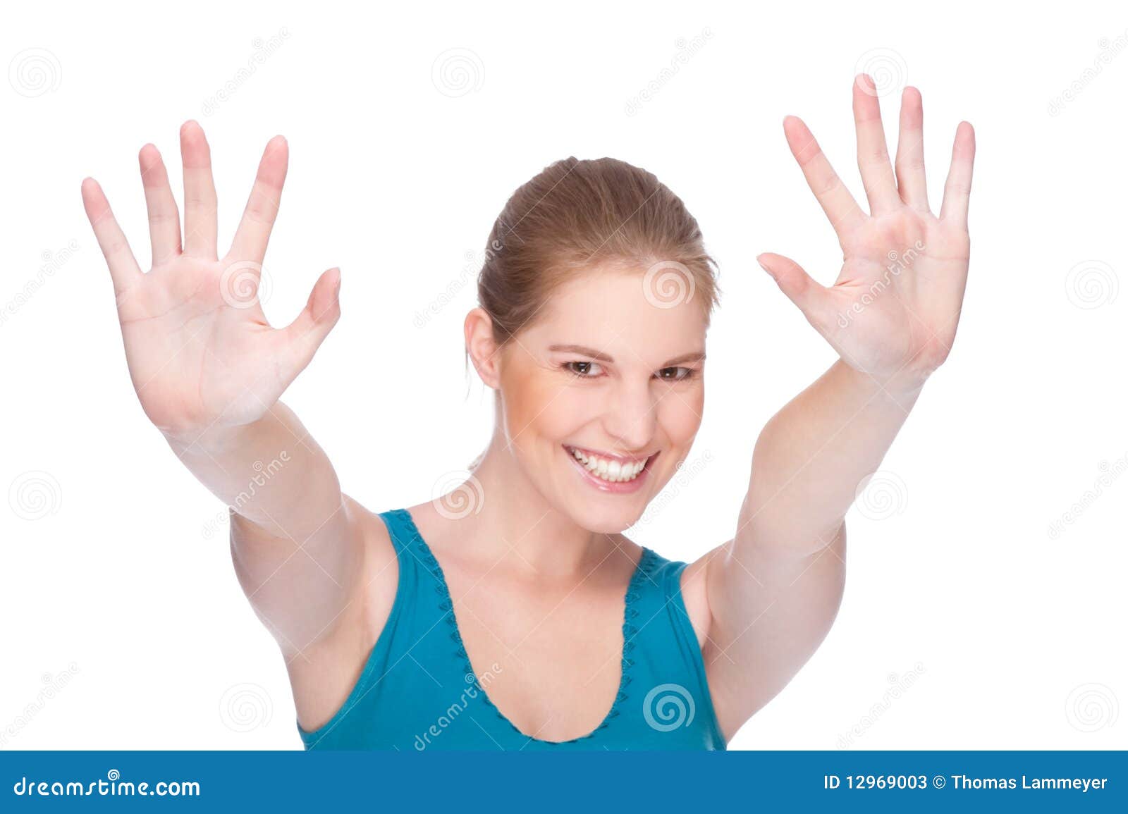 Happy woman gesturing stock image. Image of brunette - 12969003