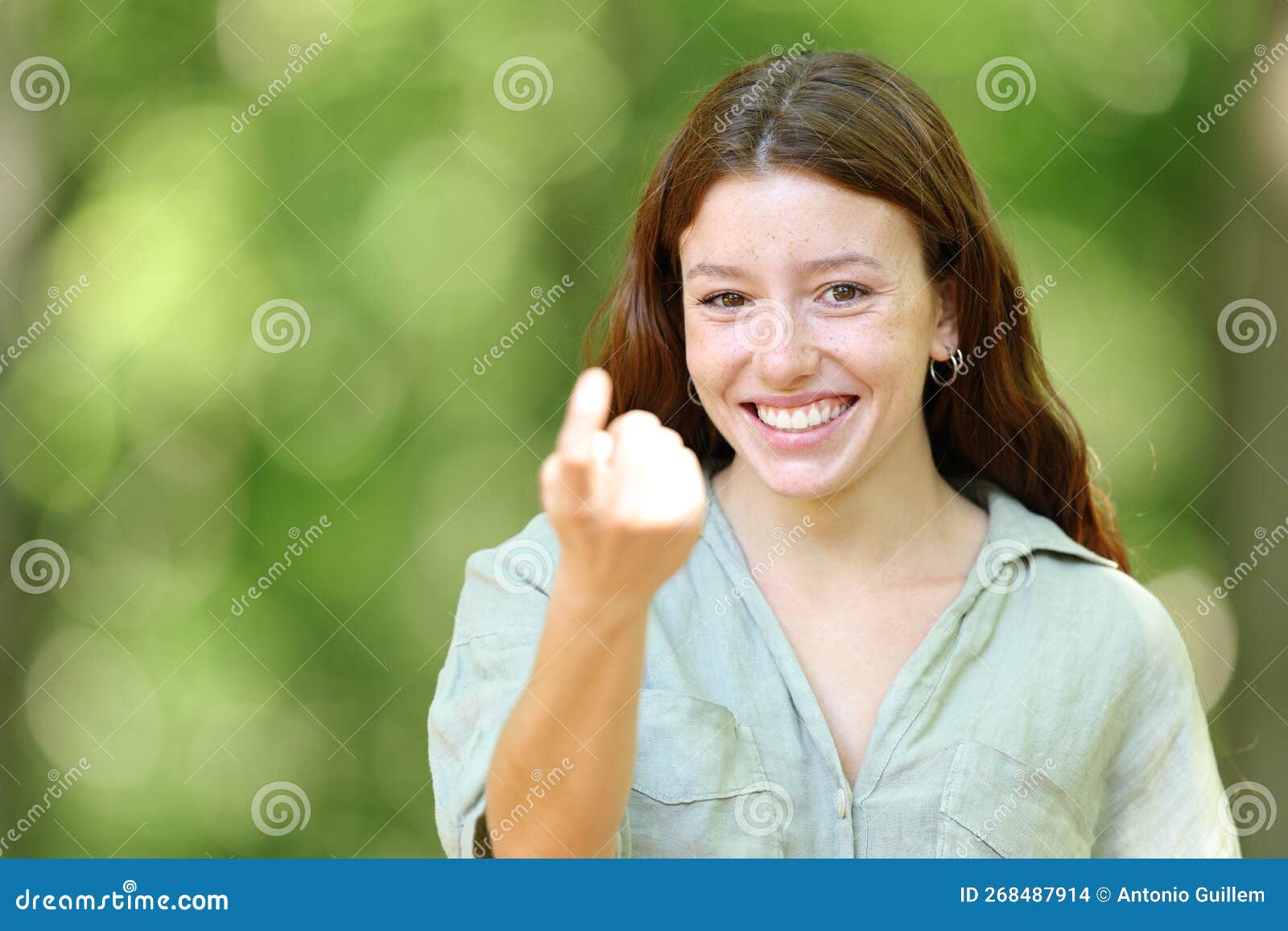 Happy Woman Gesturing Come Here with Finger Stock Photo - Image of ...