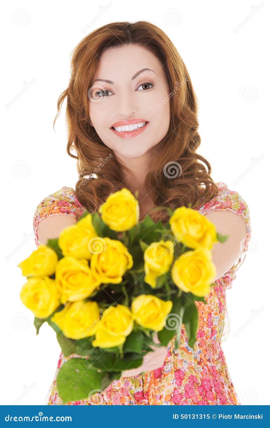 Happy Woman Giving Bunch of Roses Stock Image - Image of face, portrait ...