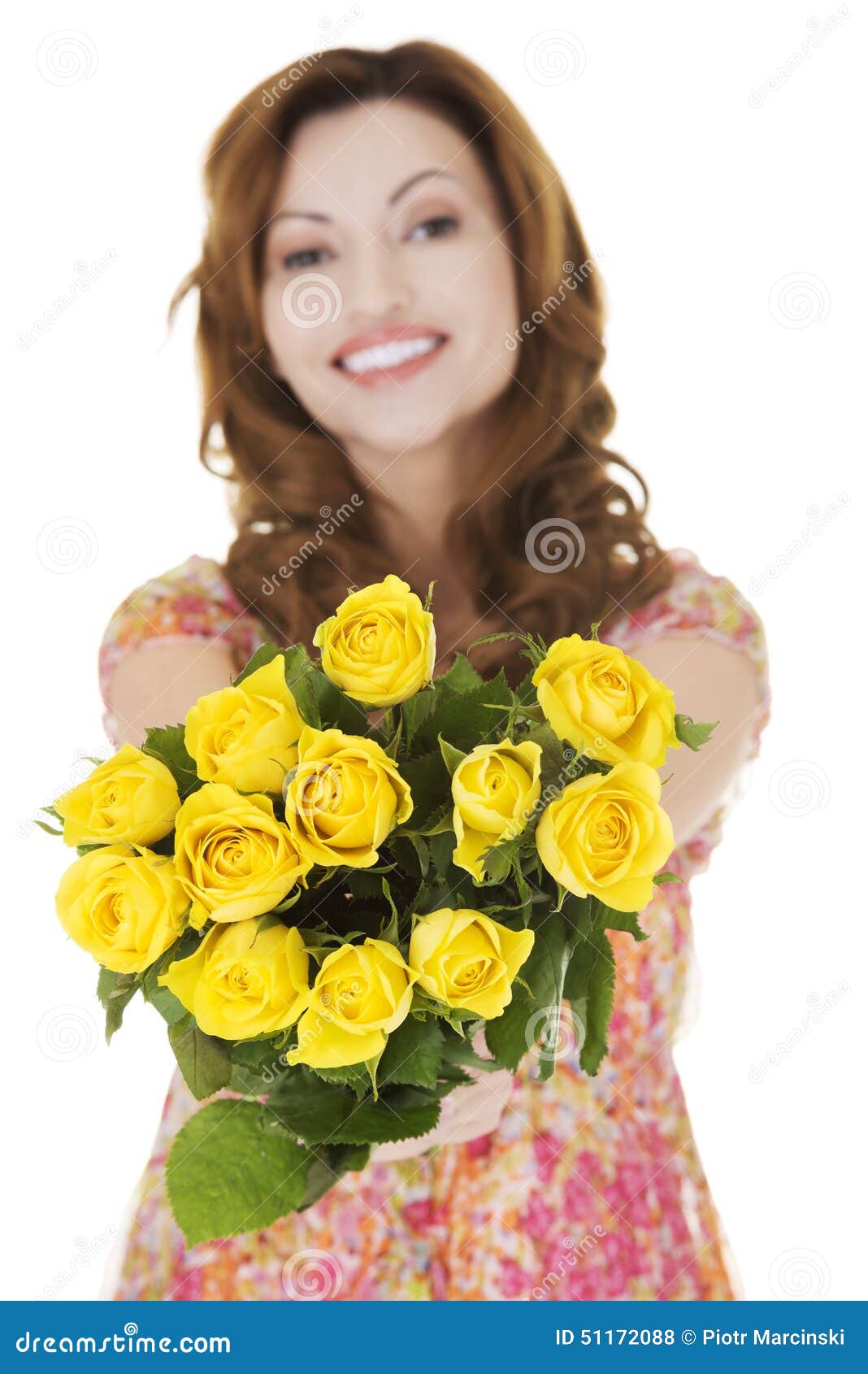 Happy Woman Giving Bunch of Roses Stock Photo - Image of adult, bouquet ...