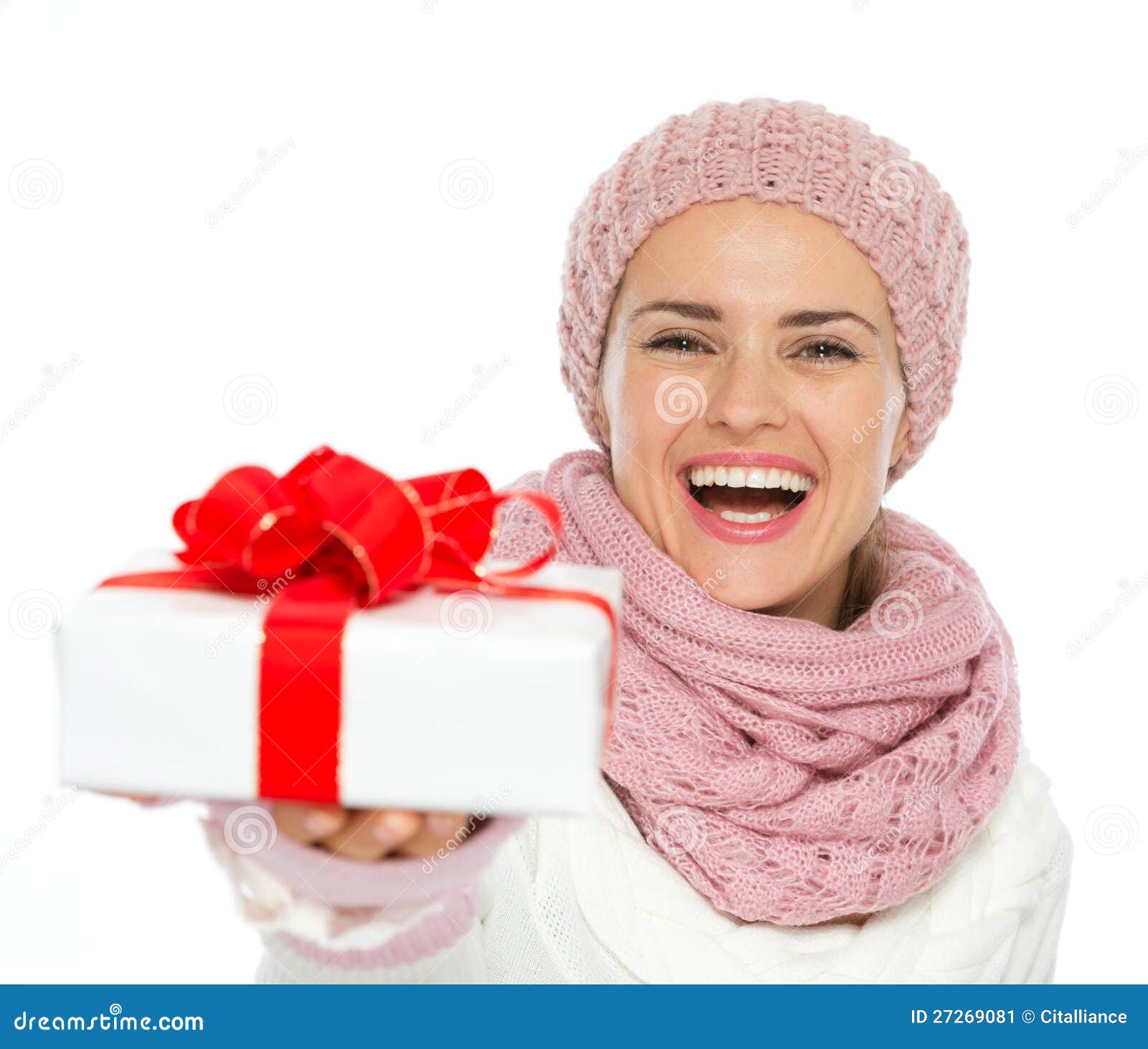 Happy Woman Giving Christmas Present Box Stock Image - Image of ...