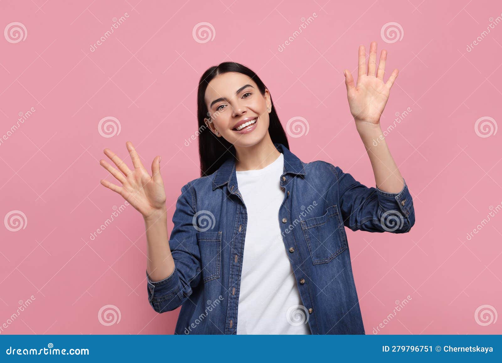 Happy Woman Giving High Five with Both Hands on Pink Background Stock ...