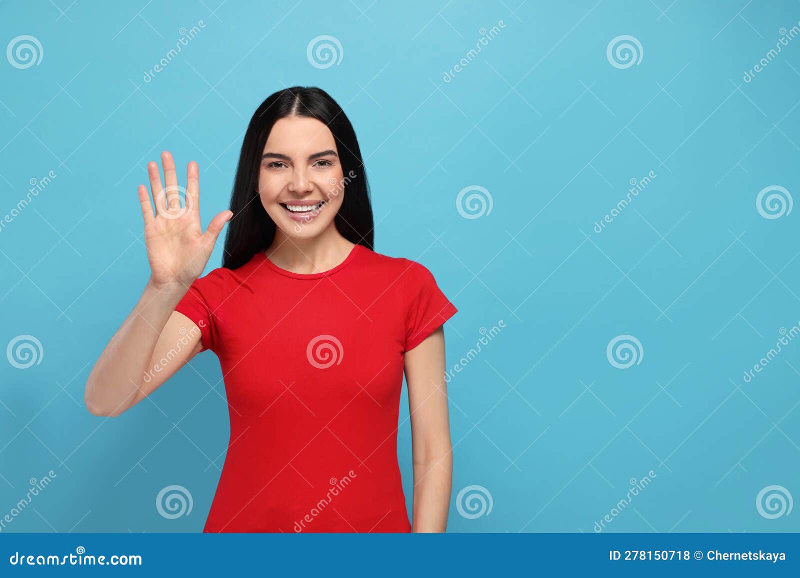 Happy Woman Giving High Five on Light Blue Background, Space for Text ...