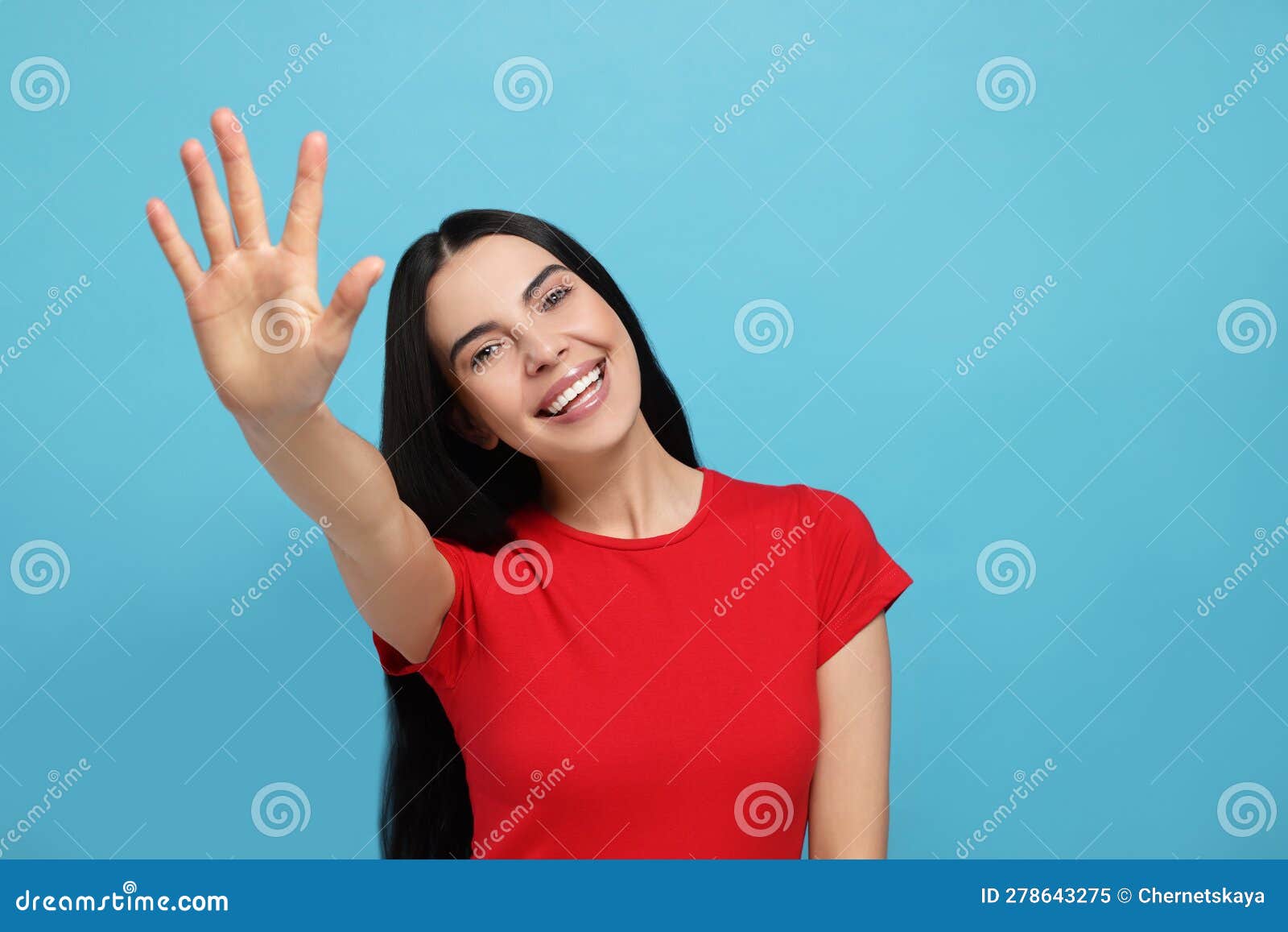 Happy Woman Giving High Five on Light Blue Background. Space for Text ...