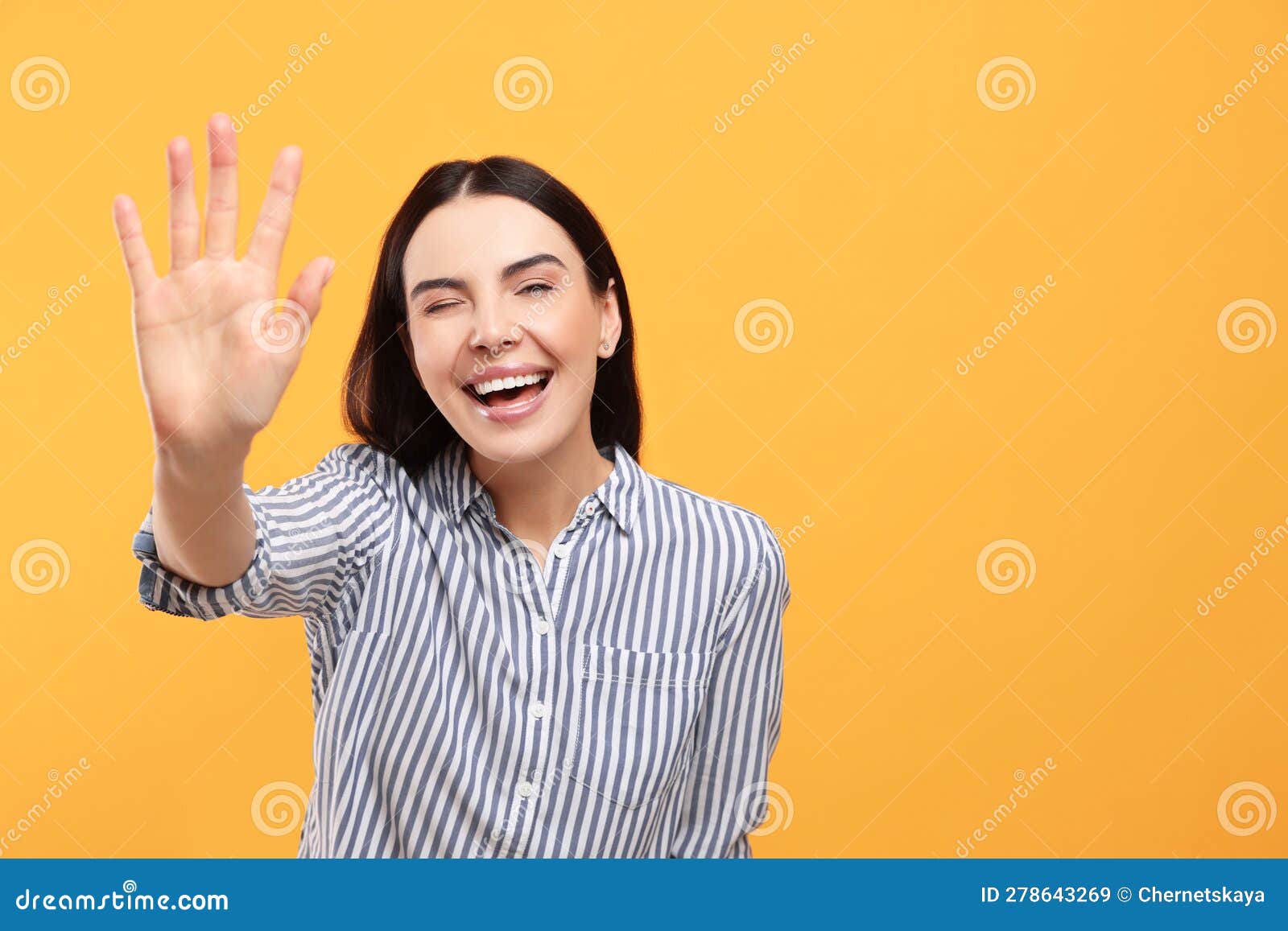 Happy Woman Giving High Five on Orange Background, Space for Text Stock Image - Image of copy ...