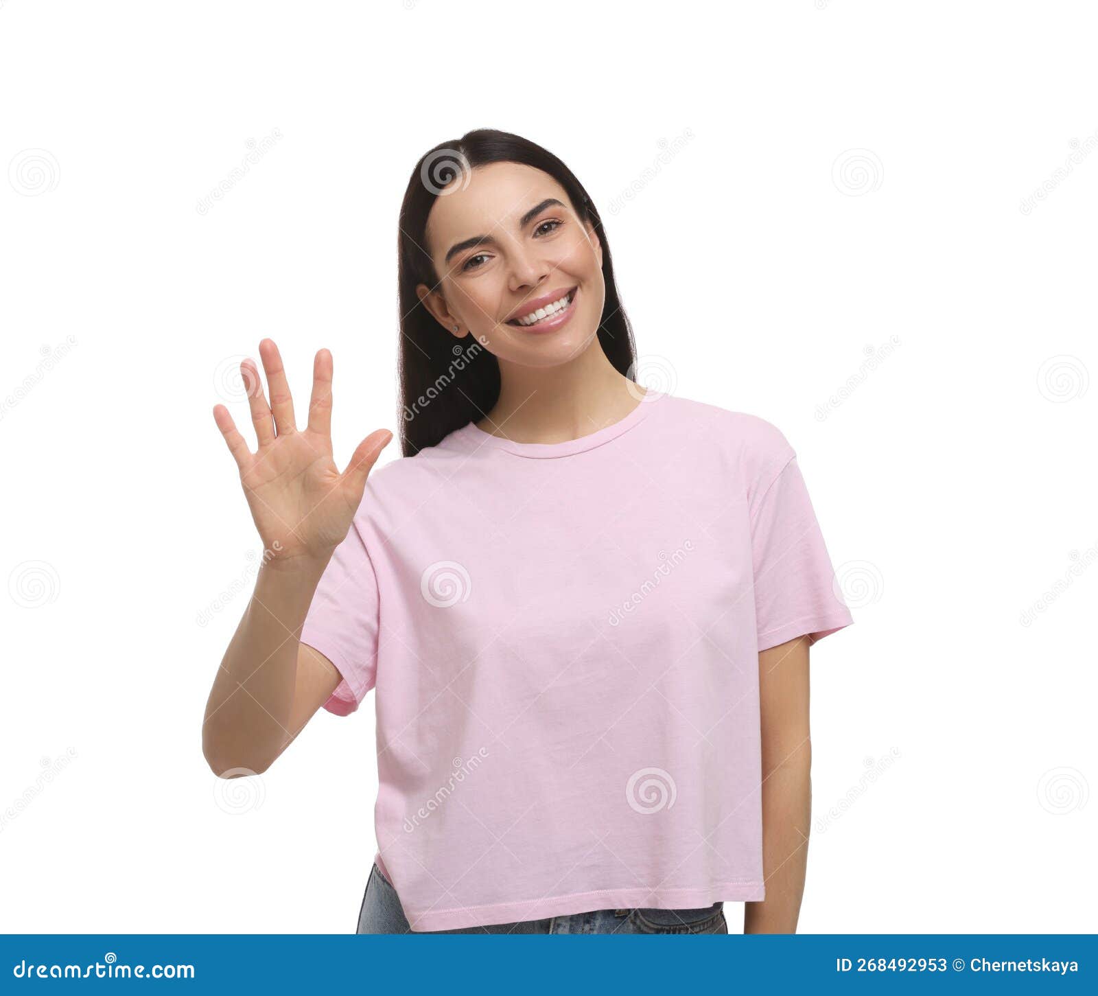 Happy Woman Giving High Five on White Background Stock Image - Image of ...