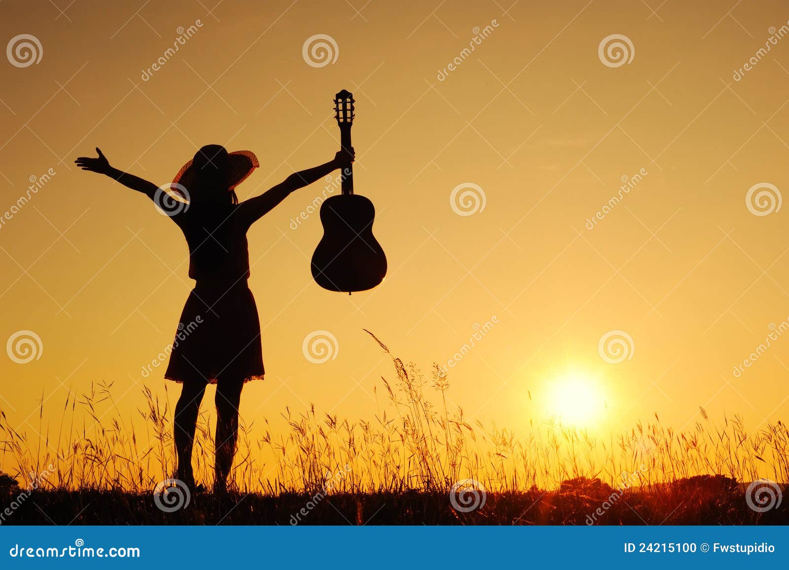 Happy Woman and Guitar with Sunset Silhouette Stock Photo - Image of ...