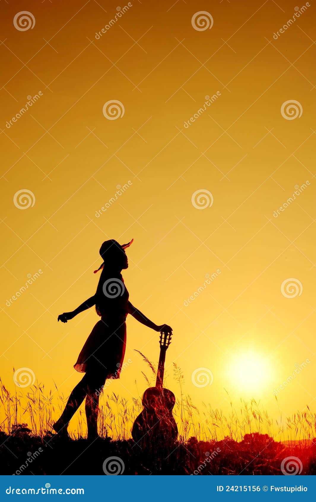 Happy Woman and Guitar with Sunset Silhouette Stock Photo - Image of ...