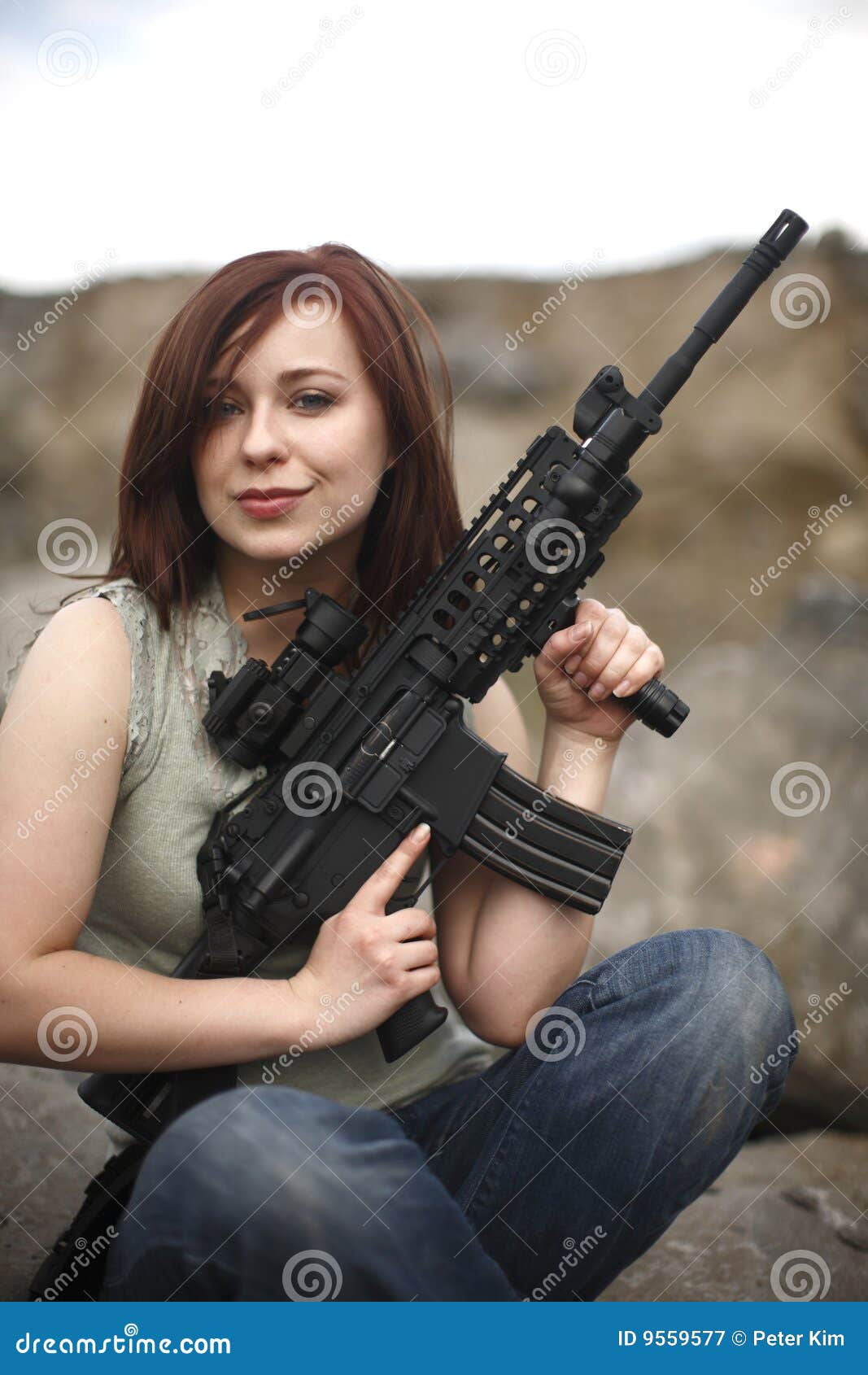 Happy woman with gun. stock image. Image of rifle, girl - 9559577