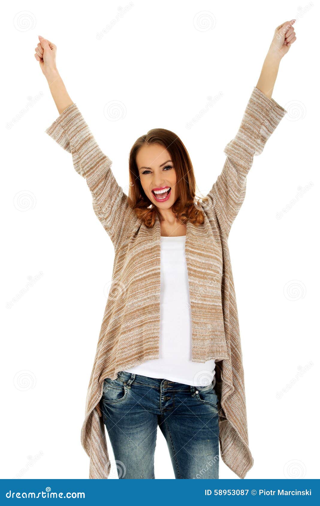 Happy woman with hands up. stock image. Image of successful - 58953087