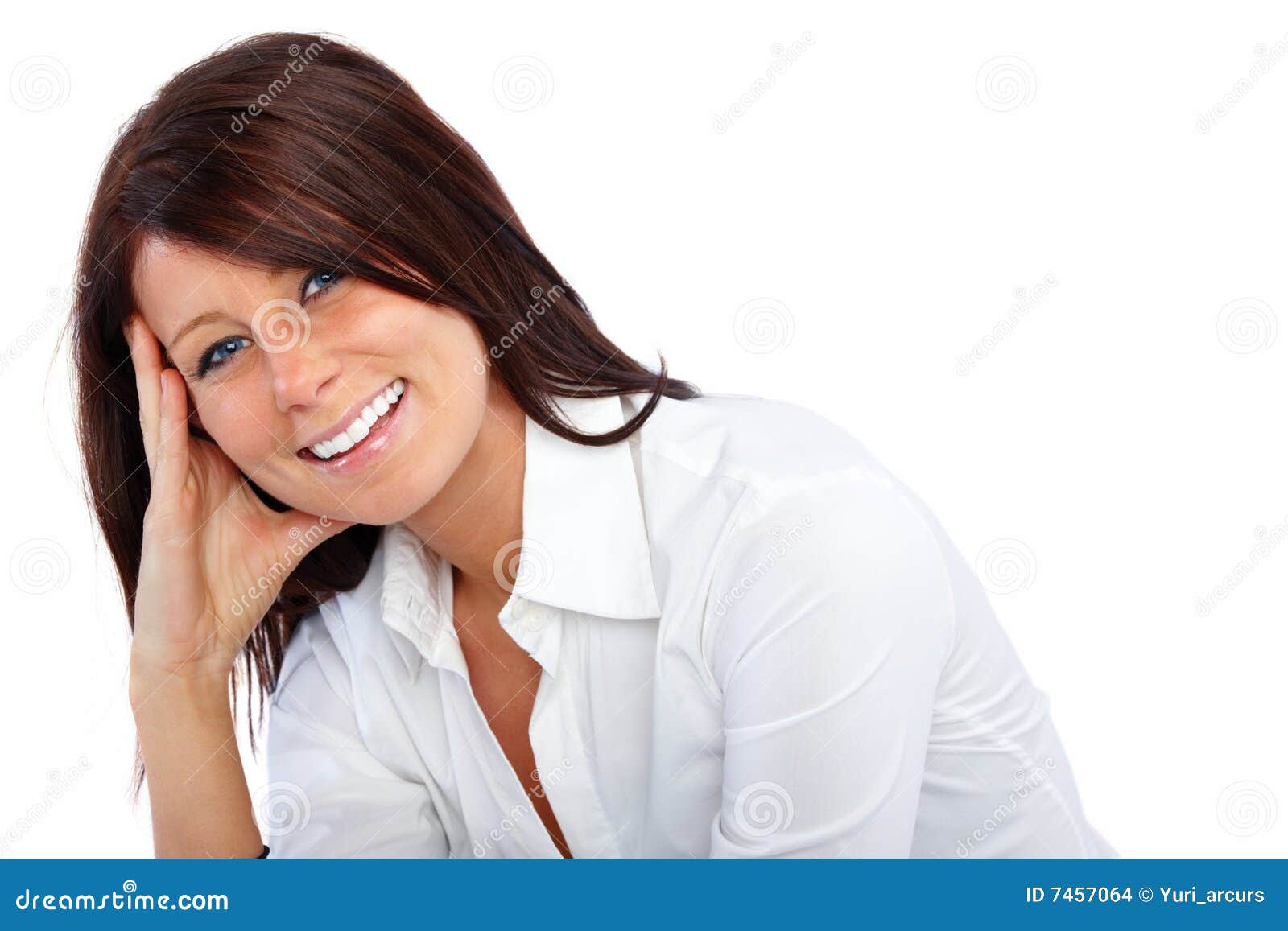 Happy Woman with Head Resting on Hand Stock Photo - Image of copy ...
