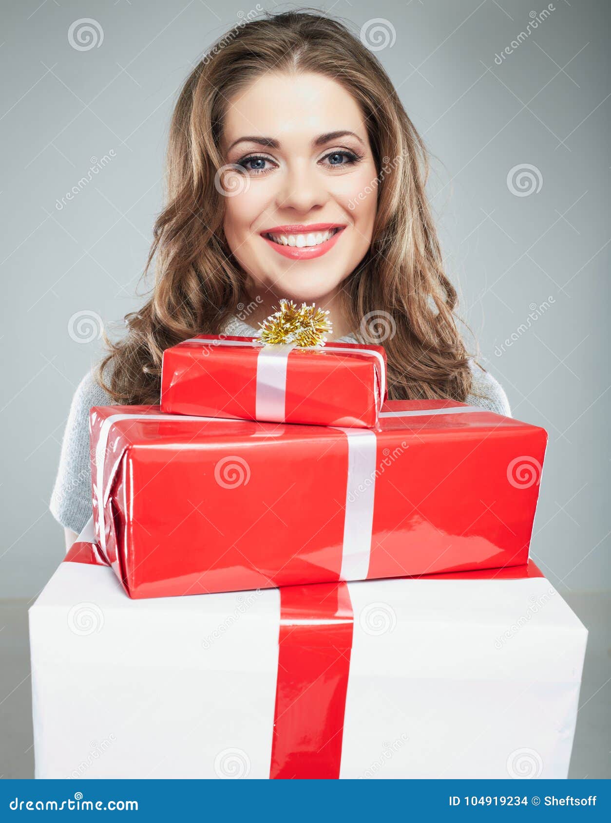 Happy woman hold gift box stock photo. Image of hand - 104919234