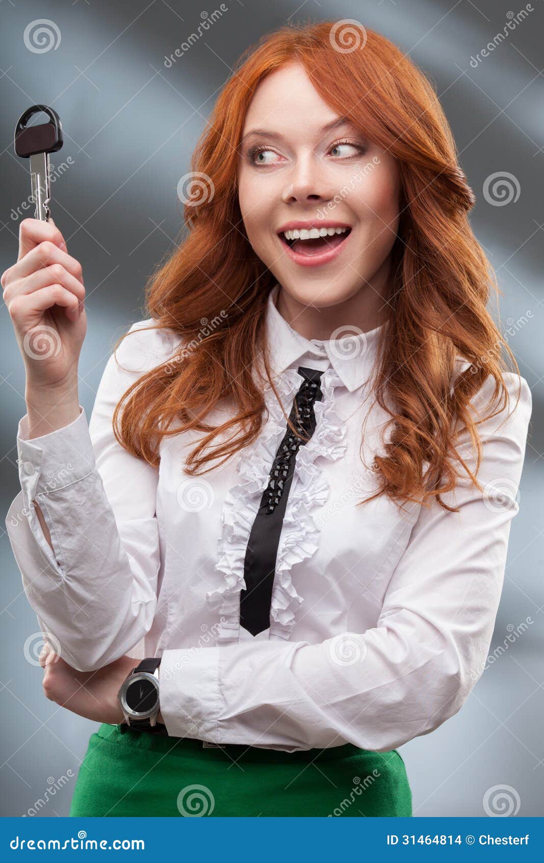 Happy Woman Holding Big Key Stock Photo - Image of contemporary, people ...