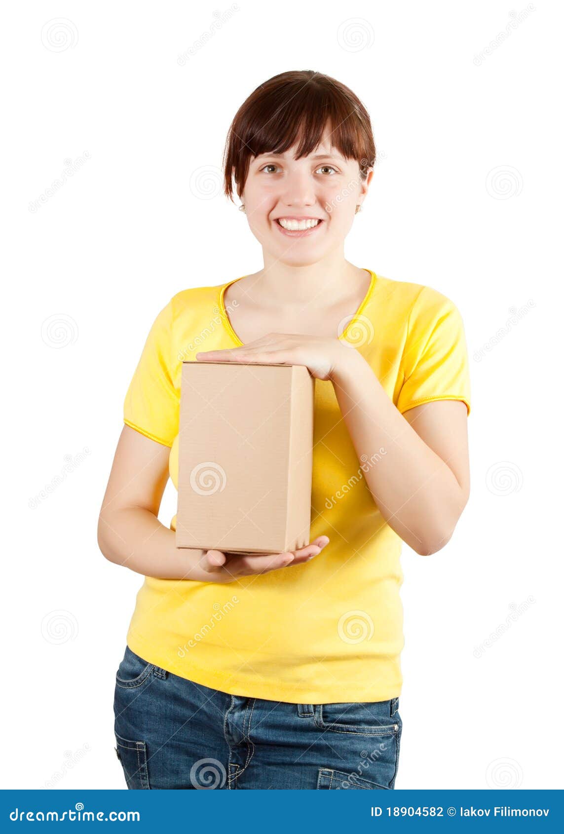 Happy Woman Holding Cardboard Box Stock Photo - Image of cheerful, pack ...