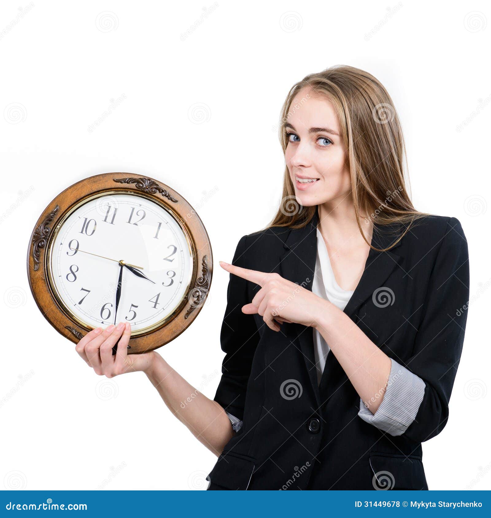 Happy woman holding clock stock photo. Image of confident - 31449678
