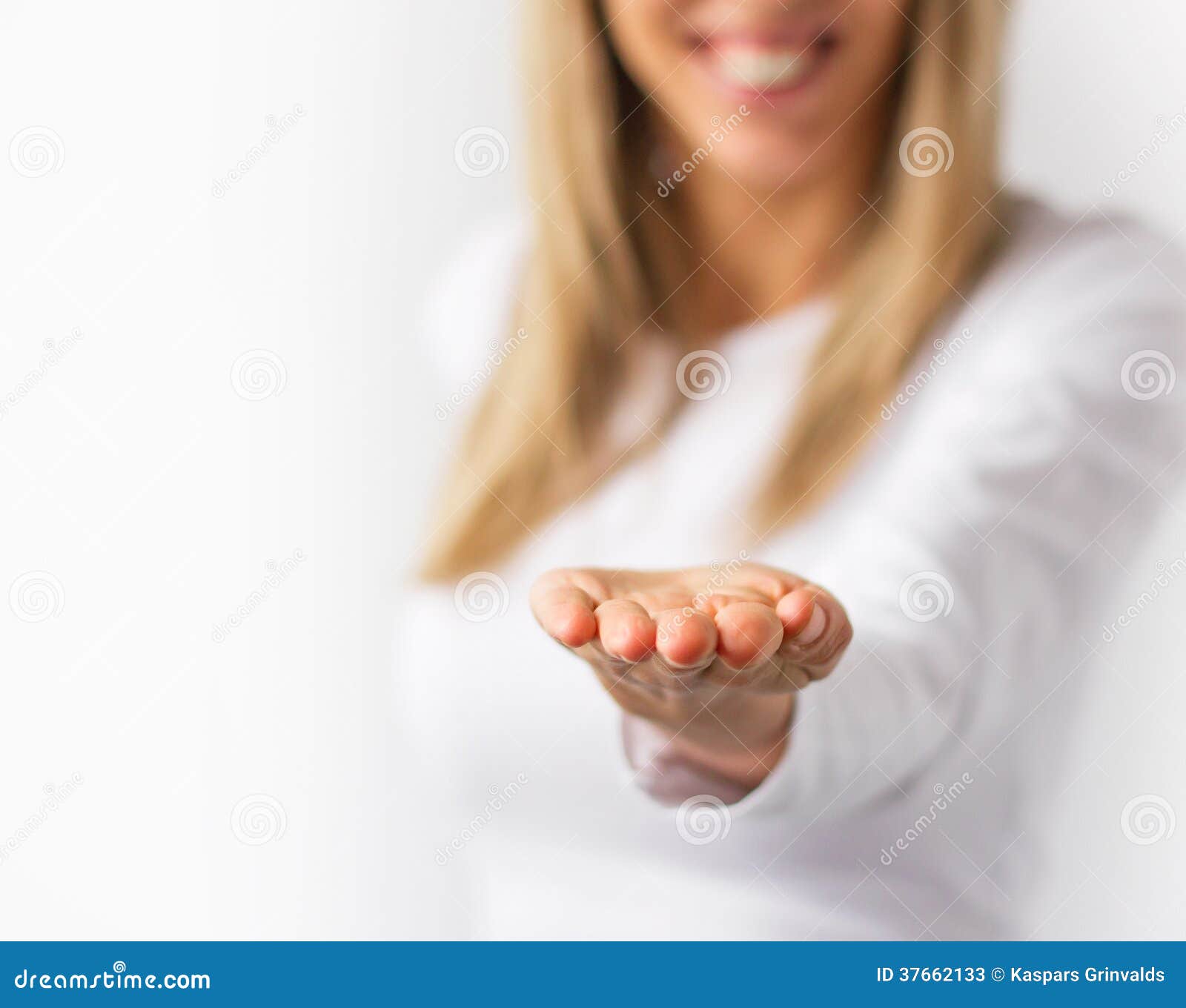 Happy Woman Holding Empty Hand. Stock Image - Image of happy, hand ...