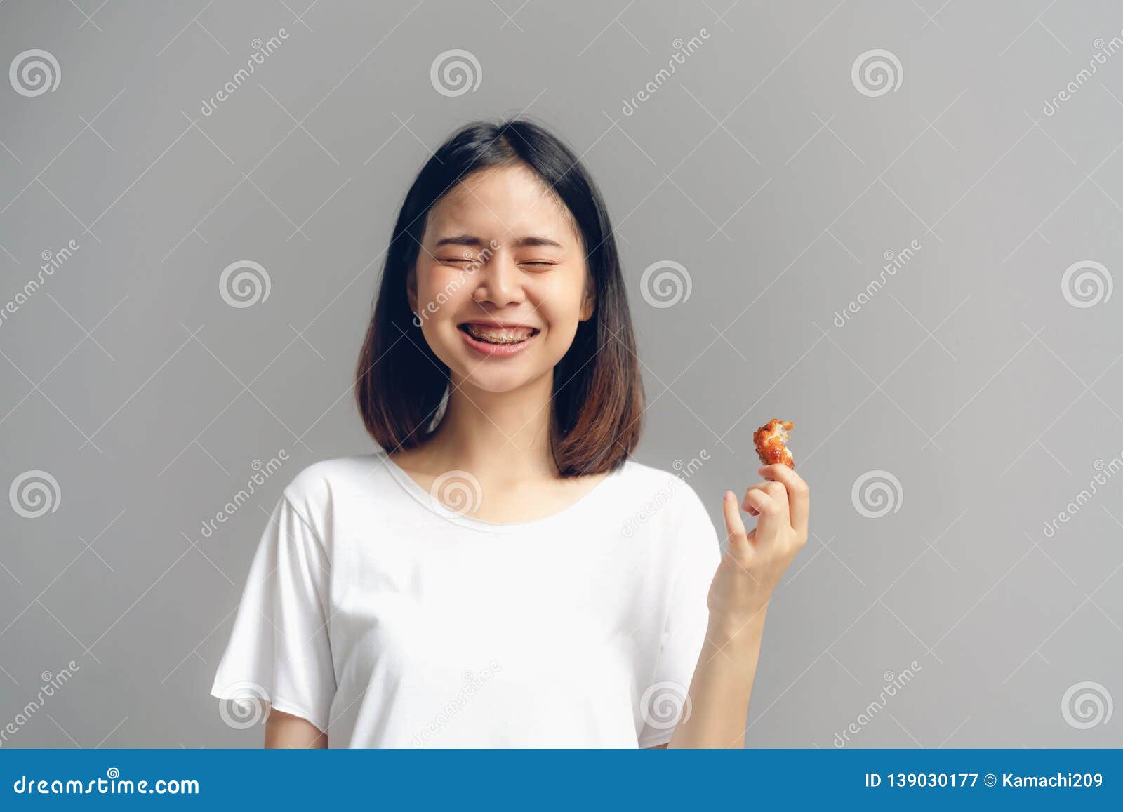 Happy Woman Holding Fried Chicken for Eat. Stock Image - Image of ...