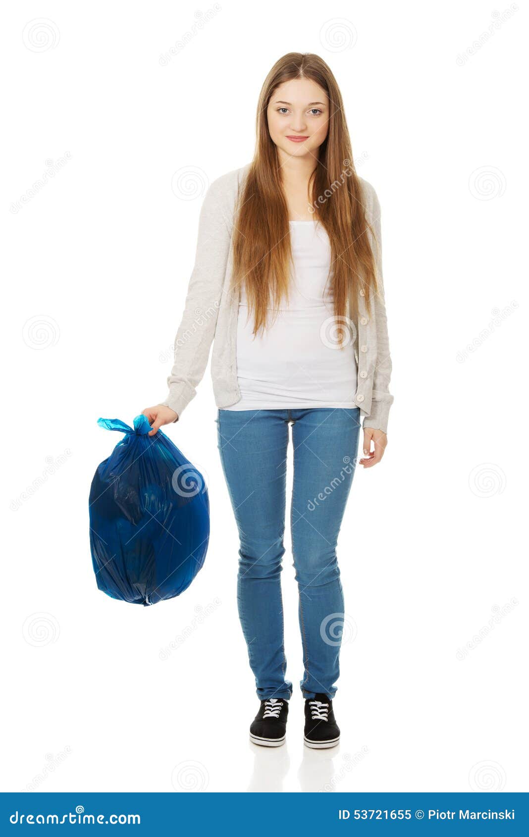 Happy Woman Holding a Full Garbage Bag. Stock Image - Image of female ...