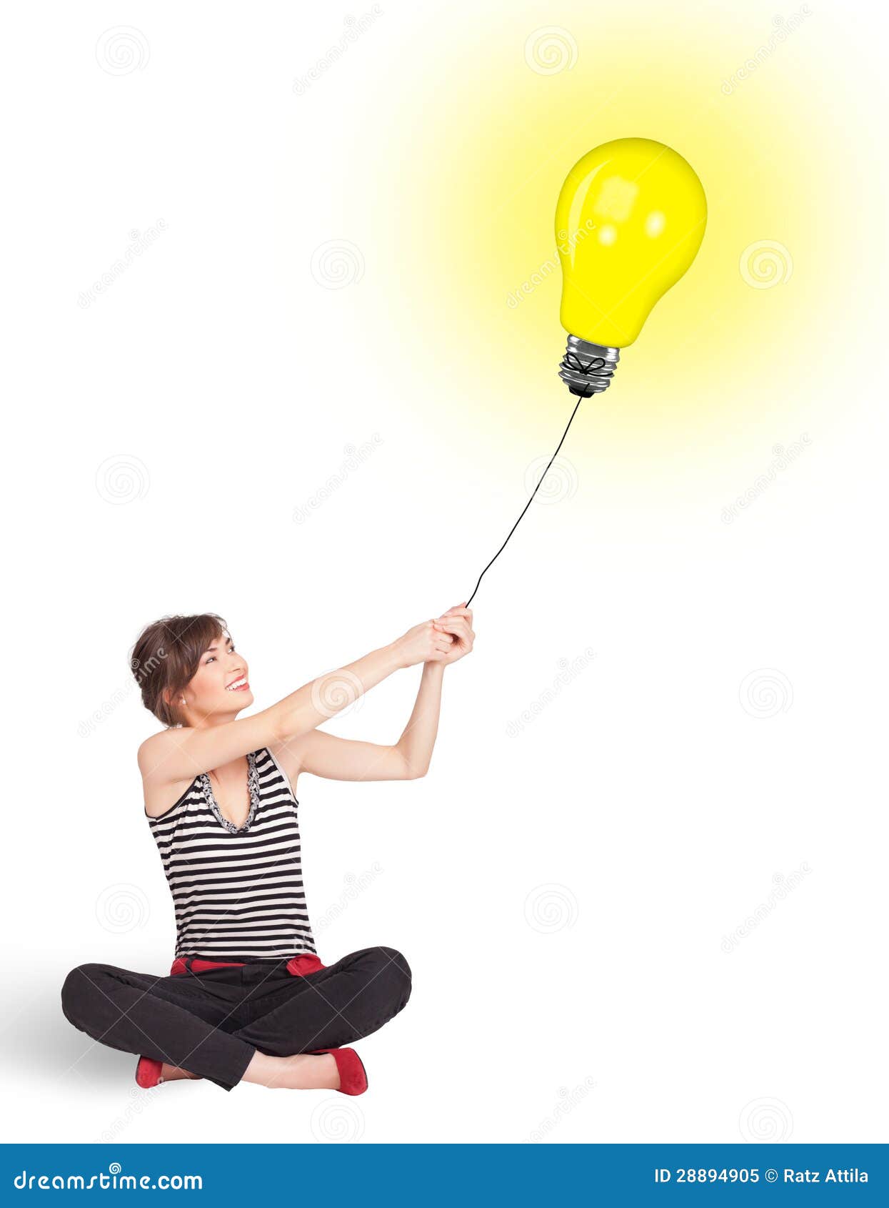 Happy Woman Holding a Light Bulb Balloon Stock Image - Image of ...