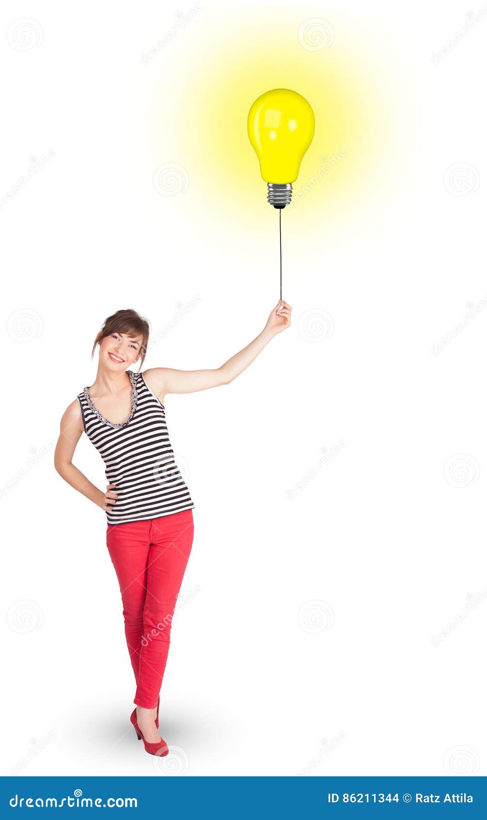 Happy Woman Holding a Light Bulb Balloon Stock Photo - Image of beauty ...
