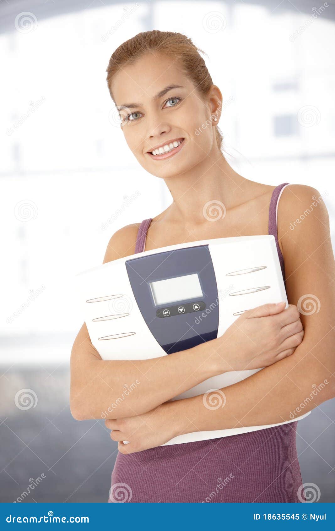 Happy Woman Holding Scale in Arms Stock Image - Image of alone ...