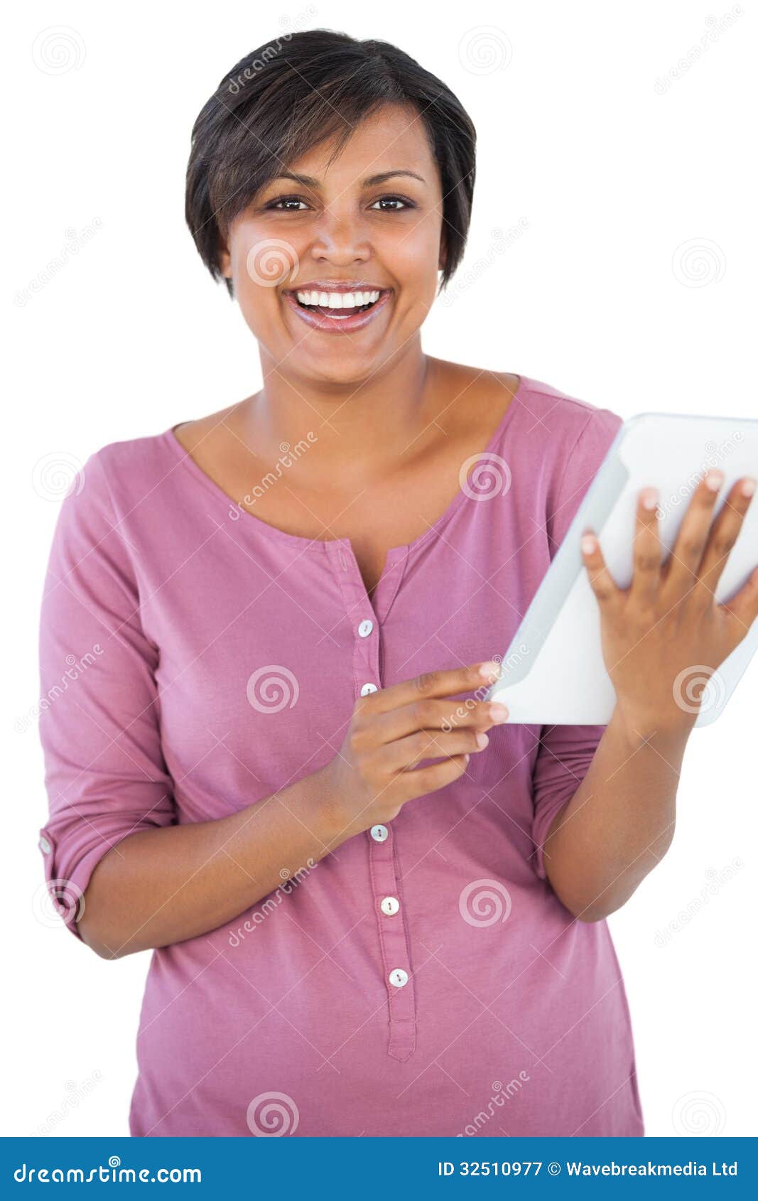 Happy Woman Holding Tablet Pc Stock Image - Image of casual, camera ...