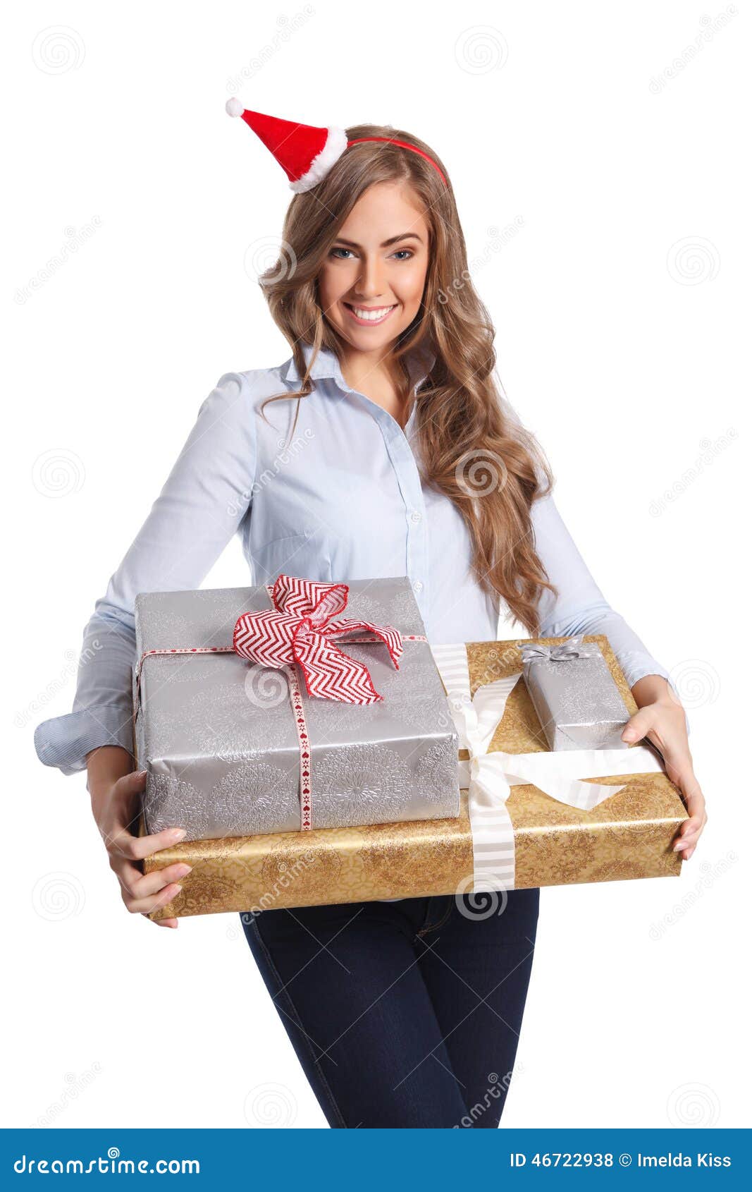 Happy Woman Holding Wrapped Presents Stock Photo - Image of face ...