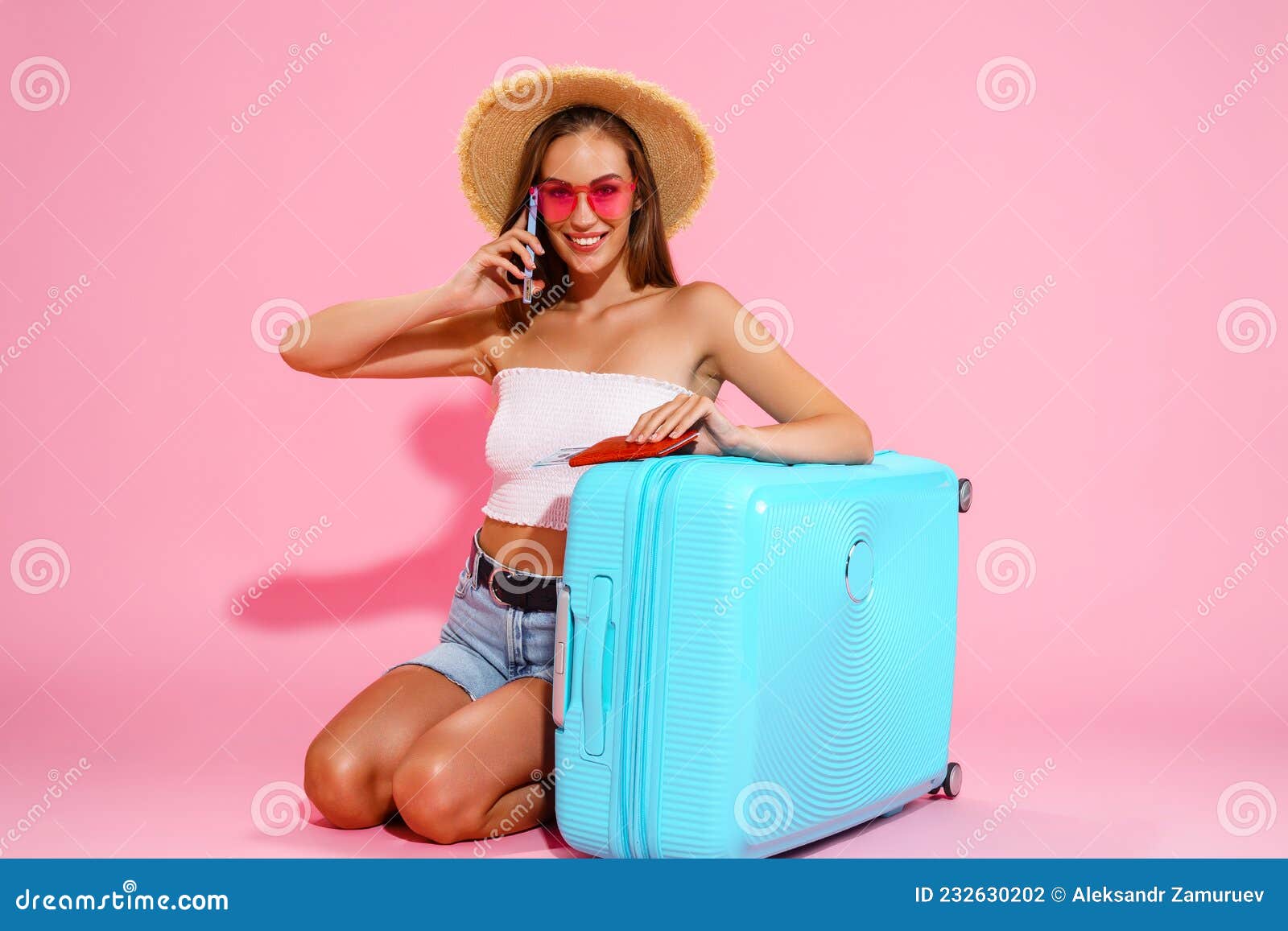 Happy Woman Holds Passport Tickets Money With Suitcase Calls Taxi To