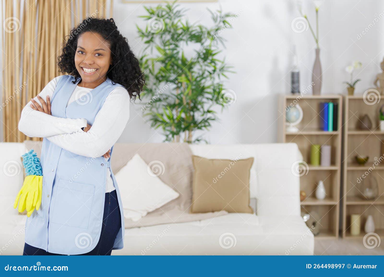 Happy Woman Housekeeper Standing Stock Image - Image of demonstrate ...