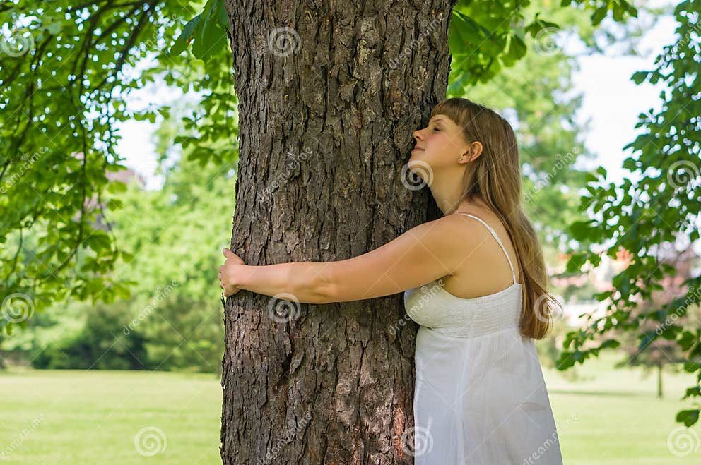 Happy Woman Hugging A Tree In The Forest Stock Image Image Of Female